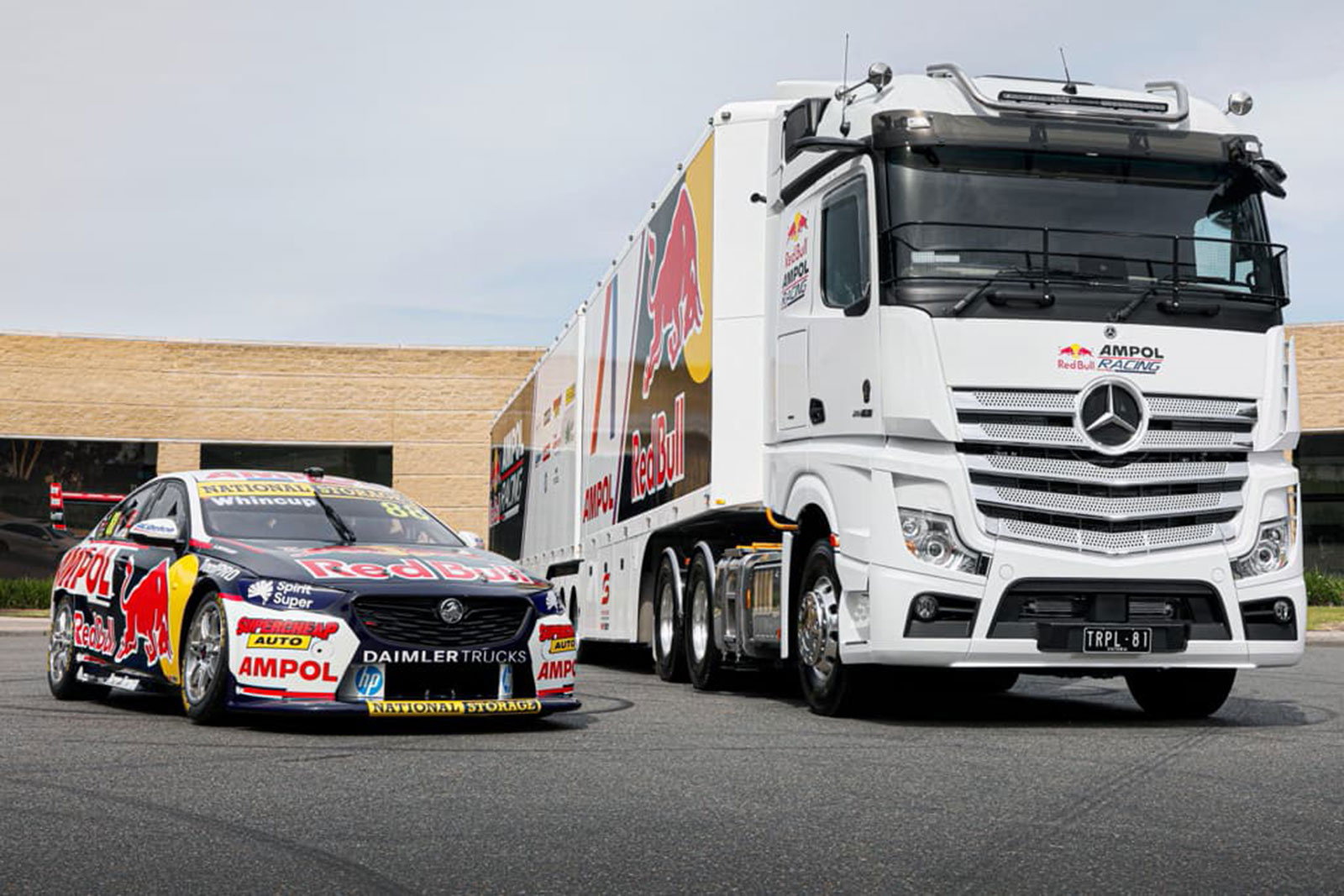 The new Mercedes-Benz Actros hauling the Red Bull Ampol Racing Supercar ...