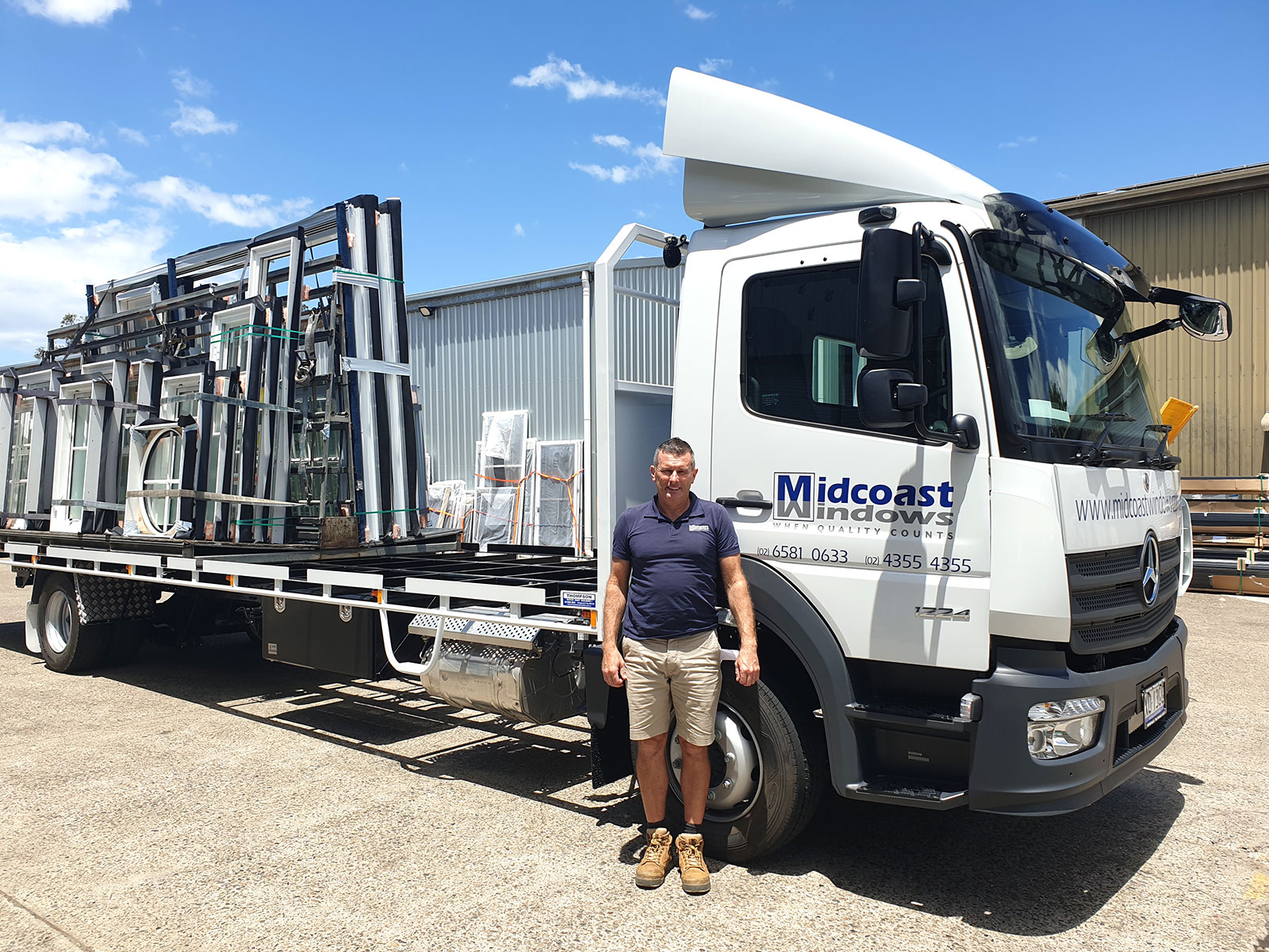 A new Atego 1224 with a custom 9.6m tray delivered to Midcoast Windows ...
